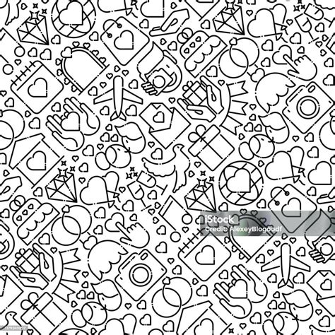 비둘기 카메라 사진 작가 신부 드레스 풍선의 얇은 라인 아이콘과 결혼식 초대 원활한 패턴 배너 웹 페이지 인쇄 용지에 대한 벡터 그림입니다 개념에 대한 스톡 벡터 아트 및