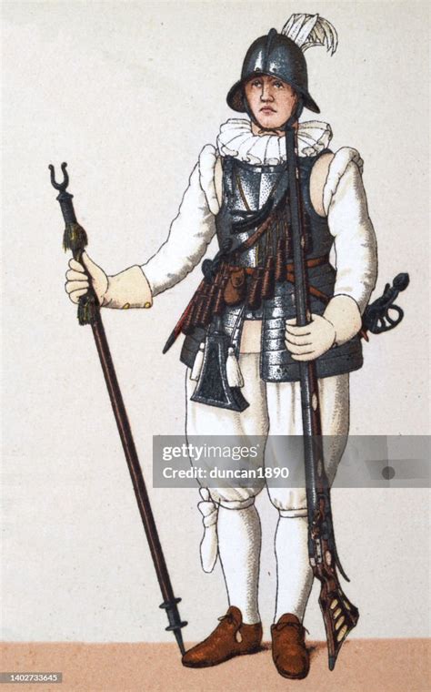 French Soldier Arquebusier Military Costumes Of 16th And 17th Century