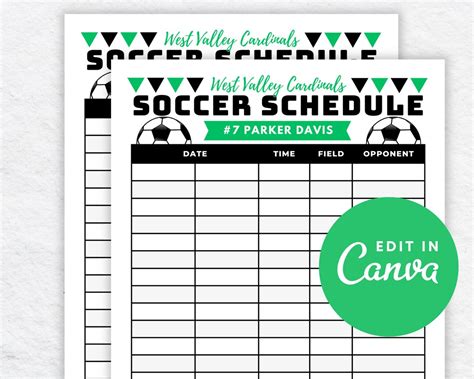 Editable Soccer Schedule Template Diy Canva Printable Soccer Game