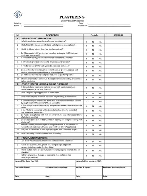 Plastering Work Checklist Pdf