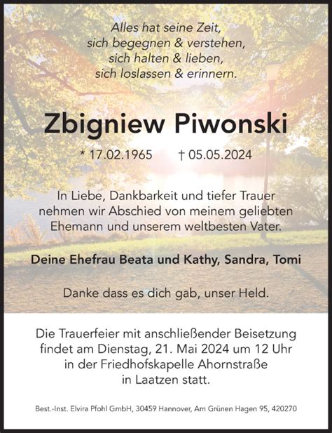 Traueranzeigen Von Zbigniew Piwonski Trauer Anzeigende