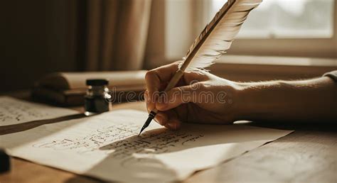 Hand Writes With Quill Pen On Parchment Stock Image Image Of Desk