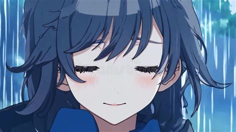 Smiling Anime Girl With Closed Eyes And Blue Hair In Peaceful Dreamy