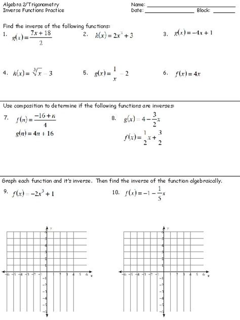 Algebra 2trigonometry Inverse Functions Practice Name Date Block