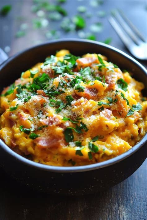 Creamy Risotto With Cheese And Herbs In A Black Bowl On Wooden Table