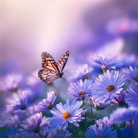 Soft Purple Flowers Of Of Violet With Flying Butterfly On Blur Spring