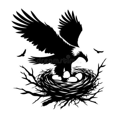 Black And White Silhouette Of Eagle Sitting In His Nest Flying Bald