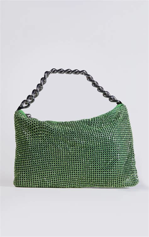 Sac À Main Souple Vert À Strass Et Anse En Chaîne Accessoires Plt Fr