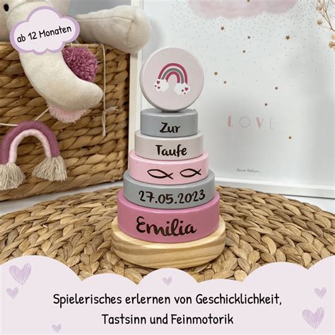 Holz Stapelturm Regenbogen Rosa I Geschenk Zur Taufe Mädchen Mit Namen