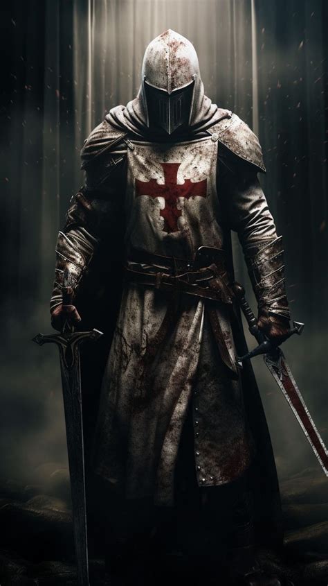 A Man In A Knight Outfit Holding Two Swords And Wearing A Cross On His Chest