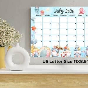 Editable July 2026 Calendar Nautical Beach Gnome Theme Ocean Summer