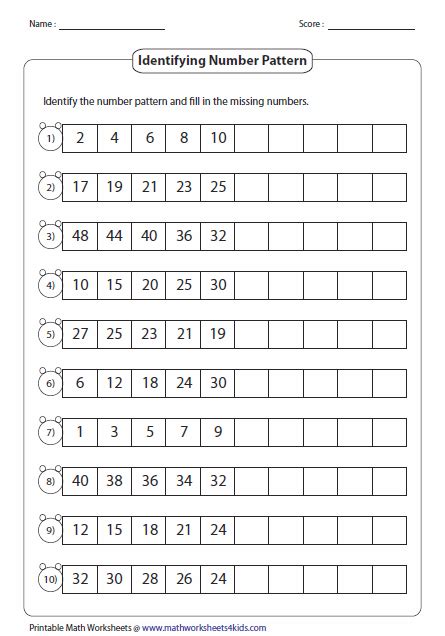 Number Patterns Worksheet
