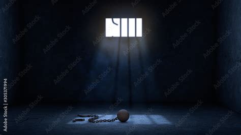 Ball And Chain For Prisoner In Jail With Broken Prison Bars Prisoner