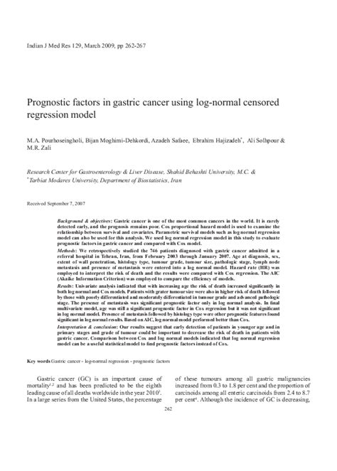 Pdf Prognostic Factors In Gastric Cancer Using Log Normal Censored