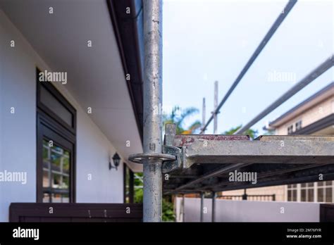 Modern House Construction With Scaffold Pole Platform New Build Domestic Building Steel