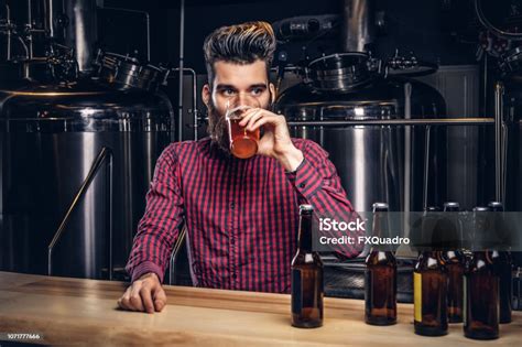 Hipstermännchen Mit Stilvollen Bart Und Haar Bier An Der Bar Sitzen Zähler In Indiebrauerei