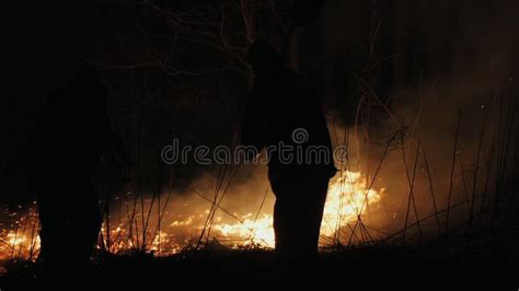 Two Firefighters With Fire Flappers Extinguish A Fire In The Forest