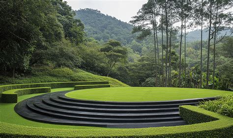 An Outdoor Circular Grassy Lawn With A Seating Area In The Shape Of