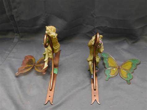 Pair Of Polystone Fairy Elf Pixie Flower Handers Wall Mounting