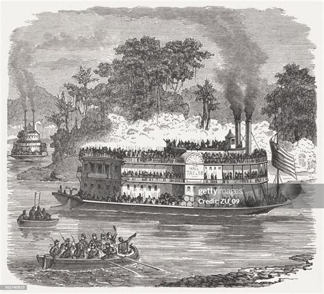 Paddle Steamer In American Civil War Wood Engraving Published 1880 High
