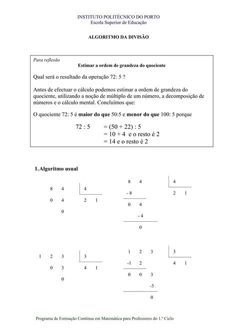 Calculo e Algoritmos da divisao Viajar na Matemática Instituto