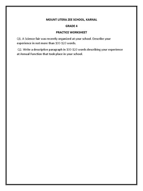 Grade 4 Descriptive Writing Workasheet Pdf