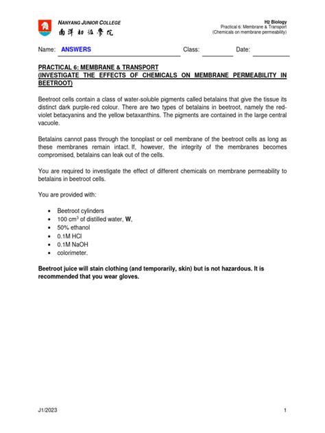 2023 Jc1 Practical 6 Membrane Transport Chemicals On Membrane