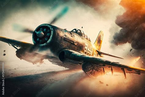 World War Ii Era Plane Flying Through Sunset Skies Battle With