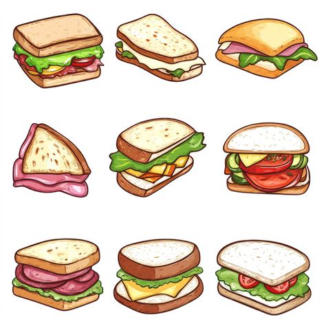 Nine Cartoon Sandwiches With Various Fillings On White Background