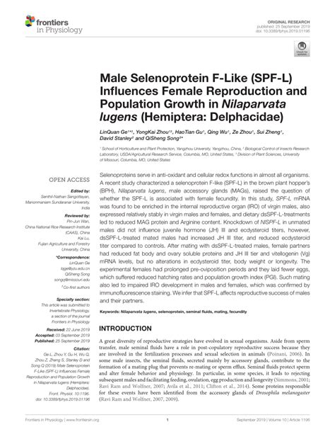 Pdf Male Selenoprotein F Like Spf L Influences Female Reproduction And Population Growth In