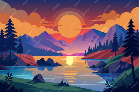 Premium Vector Sunset Lake Landscape Cartoon Vector Illustration Flat