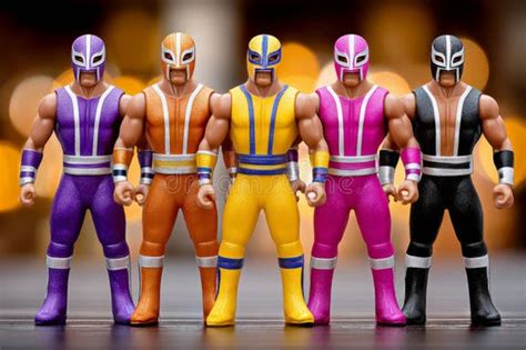 Five Colorful Lucha Libre Action Figures In Costumes With Bokeh