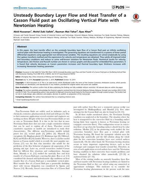 PDF Unsteady Boundary Layer Flow And Heat Transfer Of A Casson Fluid Past An Oscillating