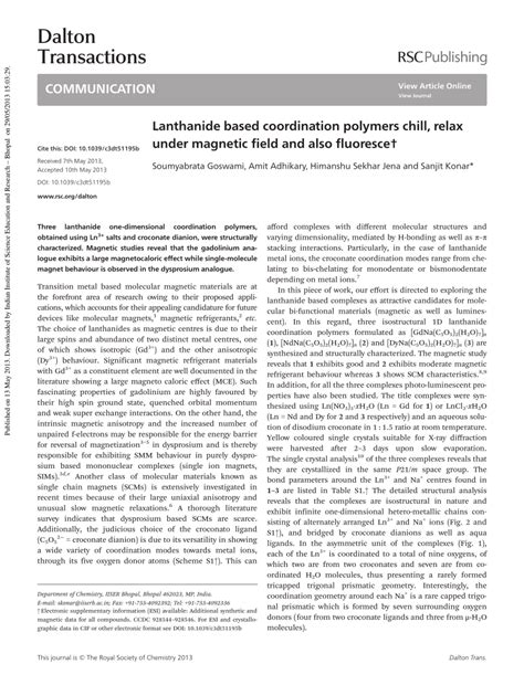 Pdf Lanthanide Based Coordination Polymers Chill Relax Under Magnetic Field And Also Fluoresce