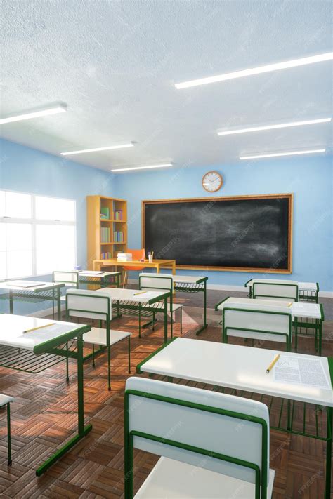 Interior Of Sunlit Classroom With Chalkboard 3d Render Premium Photo