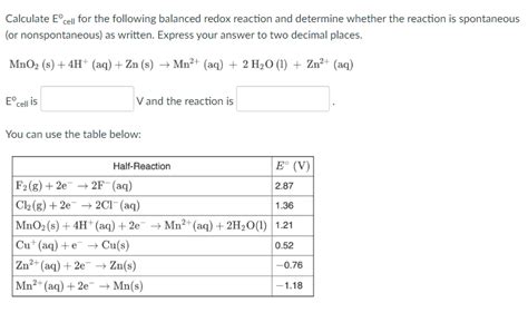 Solved Calculate E∘cell For The Following Balanced Redox