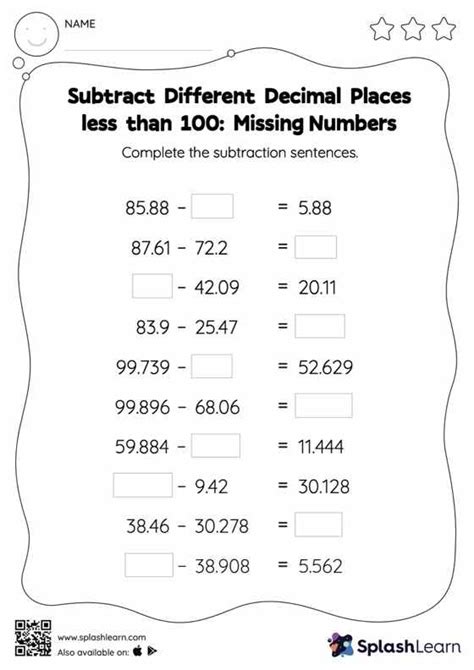 Subtract Different Decimal Places Less Than 100 Missing Numbers Math Worksheets Splashlearn