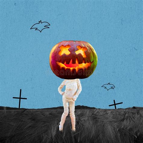 Contemporary Art Collage Halloween Theme Huge Glowing Pumpkin With