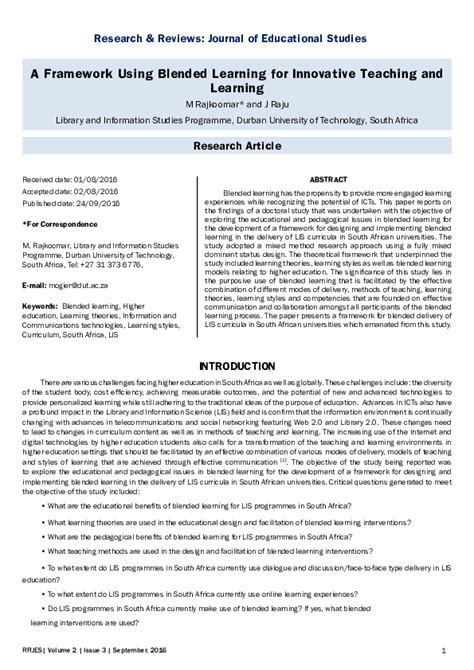 Pdf A Framework Using Blended Learning For Innovative Teaching And Learning