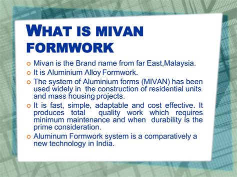 Mivan Form Wok Aluminium Formwork Shuttering Tecnology Pptx