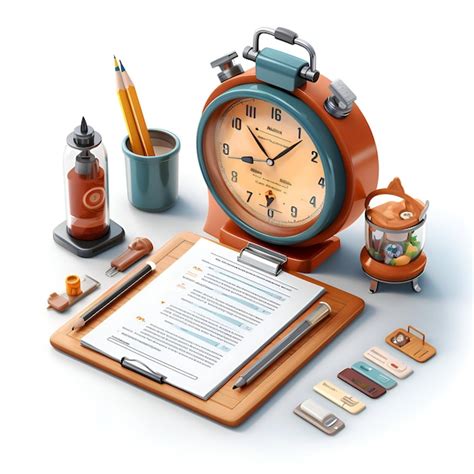 3d Rendering Of Clipboard With Stationery And Alarm Clock On White