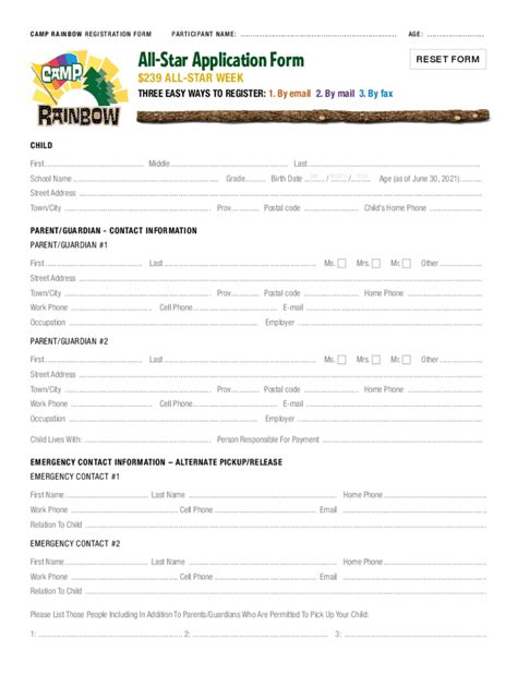 Fillable Online All Star Application Form Camp Camp Camp Fax Email