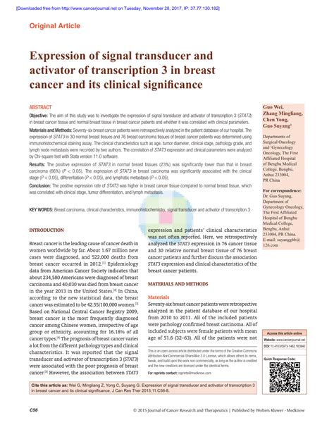 Pdf Expression Of Signal Transducer And Activator Of Transcription 3 In Breast Cancer And Its
