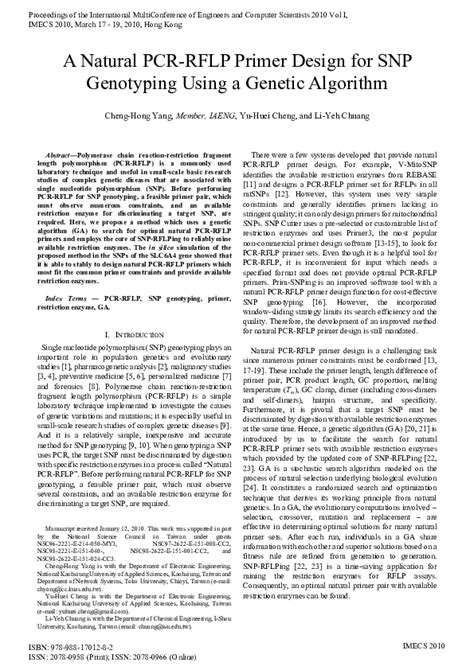 Pdf Ga Based Design Of Pcr Rflp Primers For Snps