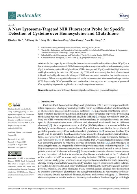 Pdf A New Lysosome Targeted Nir Fluorescent Probe For Specific Detection Of Cysteine Over