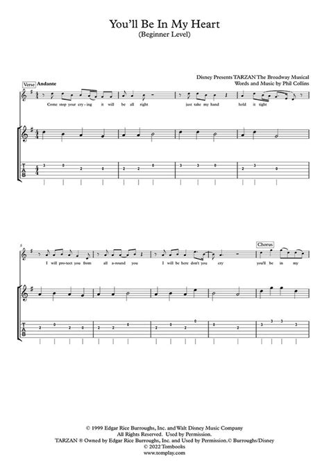 Tarzan Youll Be In My Heart Beginner Level Solo Guitar Phil Collins Guitar Tabs And