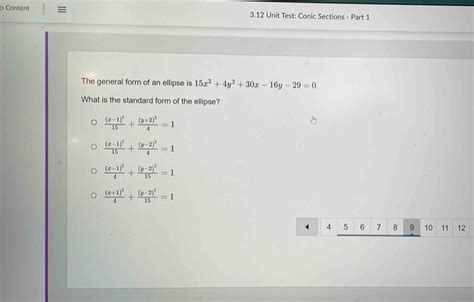solved o content ≡ 3 12 unit test conic sections part 1 the