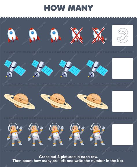 어린이를 위한 교육 게임은 귀여운 만화 로켓 위성 행성 우주 비행사의 수를 세고 상자 인쇄 가능한 직업 워크시트에 숫자를 씁니다 프리미엄 벡터