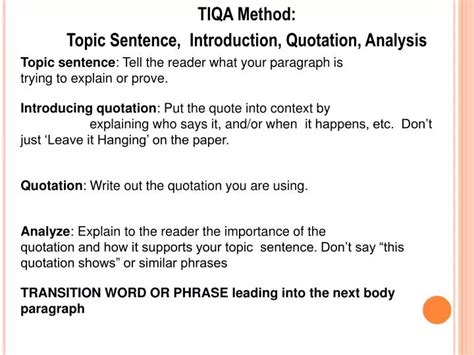 Ppt Tiqa Method Topic Sentence Introduction Quotation Analysis
