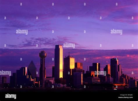 Downtown City Skyline Against A Purple Sky At Sunset Dallas Texas